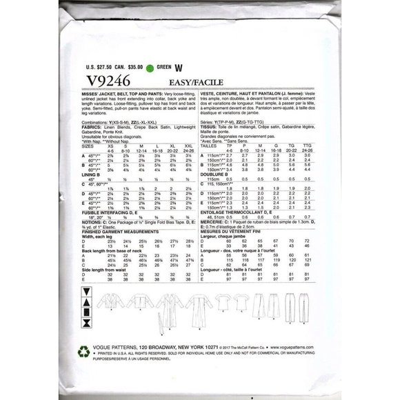 Simplicity | Office | Vogue V9246 Misses L To Xxl Jacket Pants Skirt ...